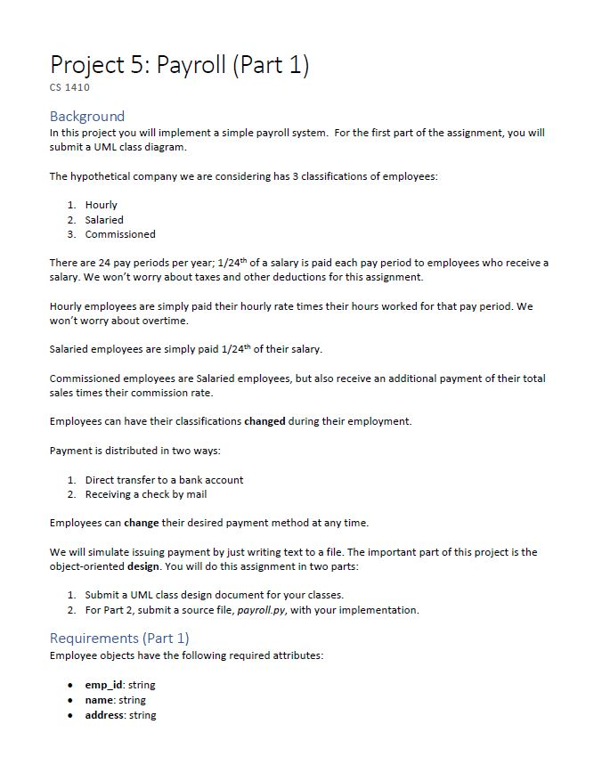 Project 5: Payroll (Part 1) CS 1410 Background In | Chegg.com