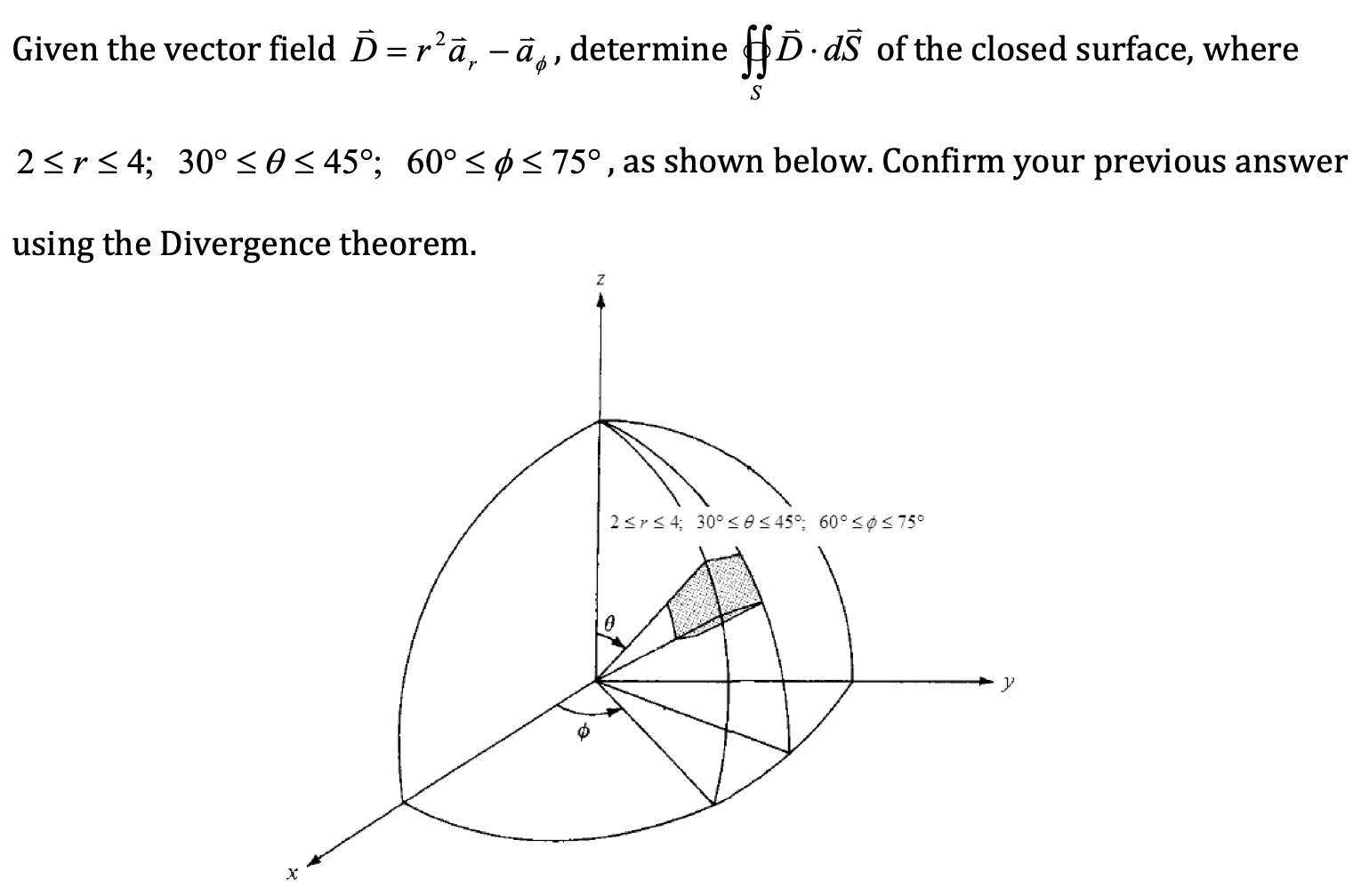 Solved Given the vector field D=r2ar−aϕ, determine ∬SD⋅dS of | Chegg.com