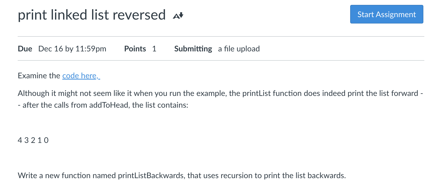 Solved print linked list reversed at Due Dec 16 by 11:59pm | Chegg.com