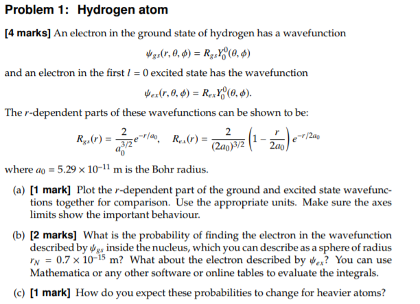 Solved Problem 1: Hydrogen atom [4 marks] An electron in the | Chegg.com