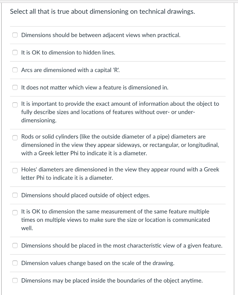 Solved Select all that is true about dimensioning on | Chegg.com