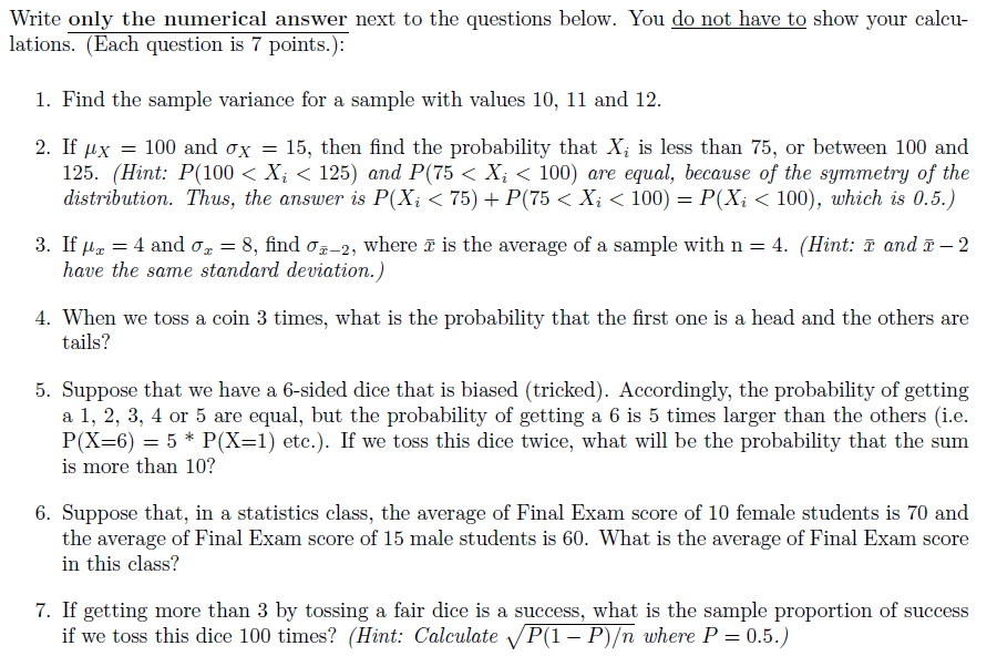Solved Write only the numerical answer next to the questions | Chegg.com