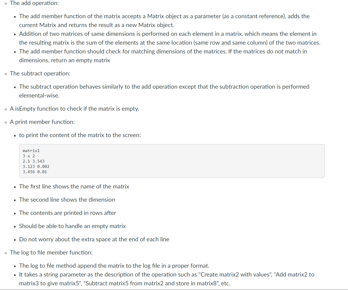 Solved Project 4 - Matrix Calculation With Logging Overview | Chegg.com