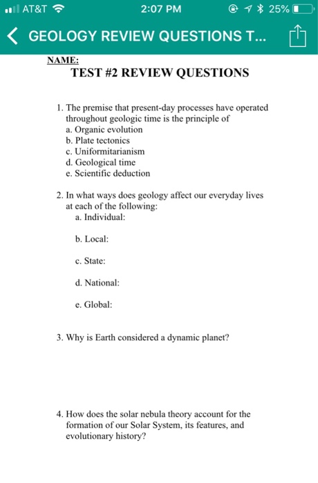 Solved AT&T 2:07 PM @ア* 25% iD. GEOLOGY REVIEW QUESTIONS | Chegg.com