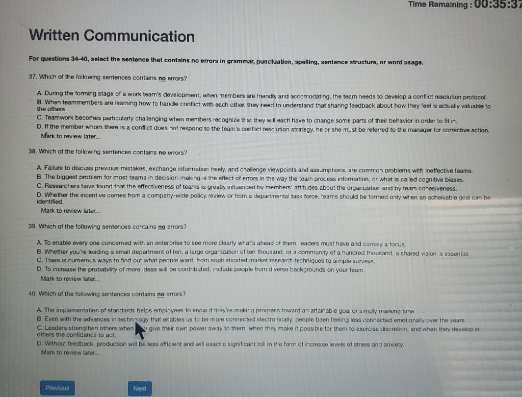 Solved For questions 34-40, select the sentence that | Chegg.com