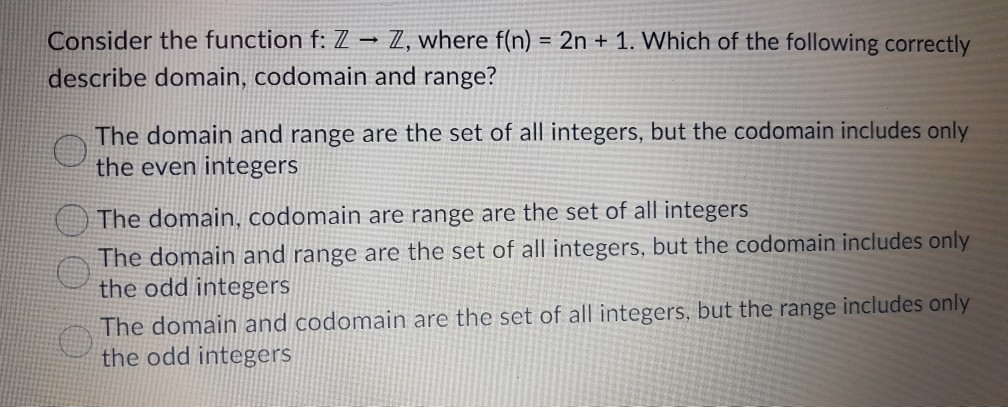 Solved Consider the function f: Z Z, where f(n) = 2n + 1. | Chegg.com