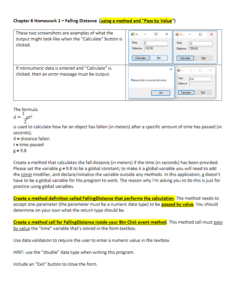 Solved Chapter 6 Homework 1 - Falling Distance (using a | Chegg.com