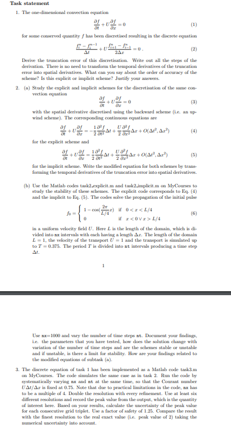 Solved 1 The One Dimensional Convection Equation