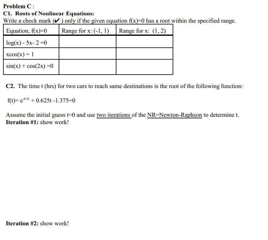 Solved Problem C: C1. Roots of Nonlinear Equations: Write a | Chegg.com
