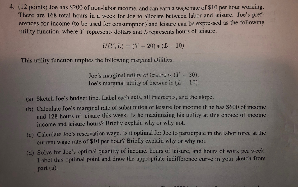 Solved 4. (12 points) Joe has $200 of non-labor income, and | Chegg.com