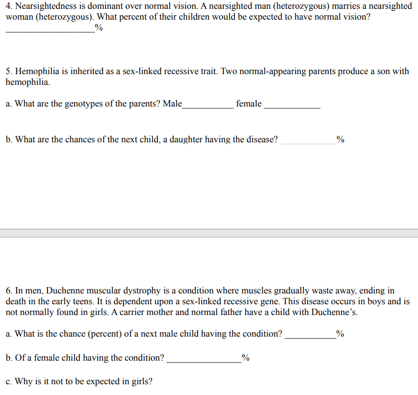 Solved 4. Nearsightedness is dominant over normal vision. A | Chegg.com