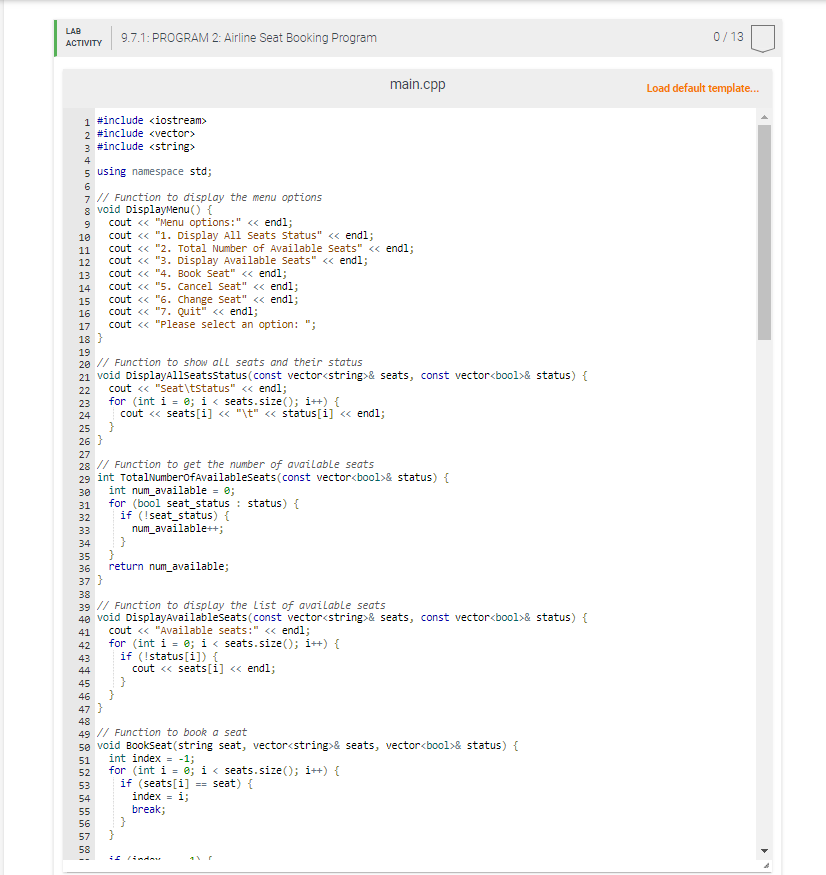 maln.cpp Loa \#include 〈iostream> \#include 〈vector> | Chegg.com