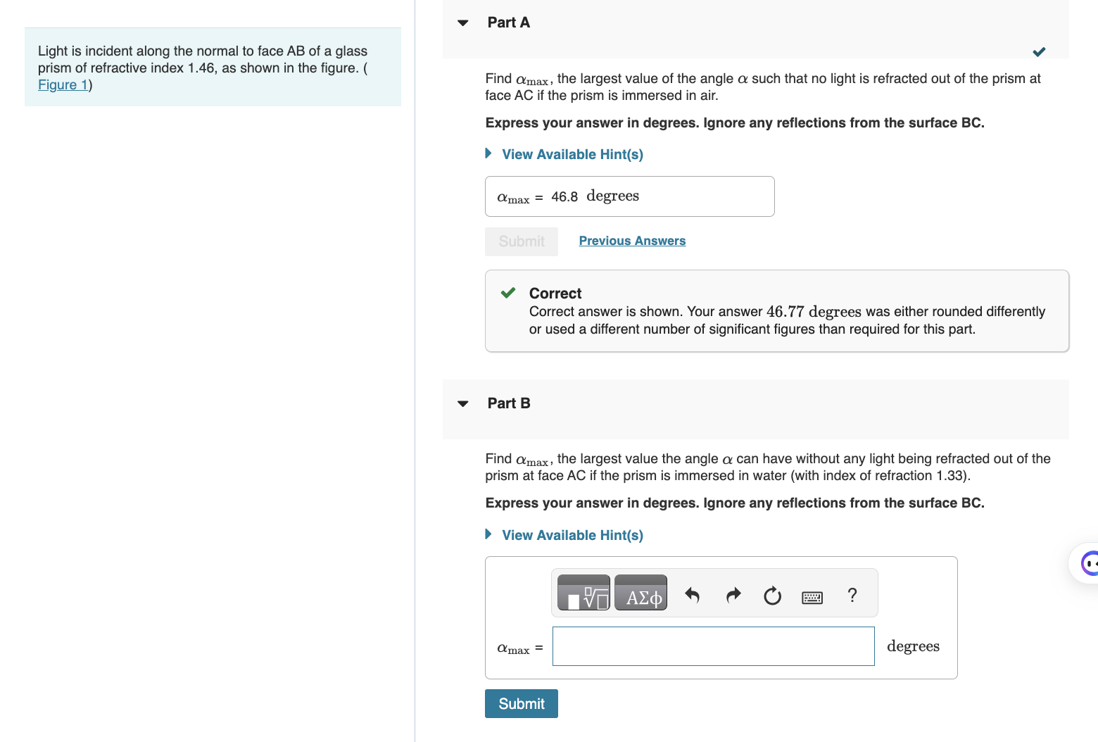 Solved Light is incident along the normal to face AB of a | Chegg.com