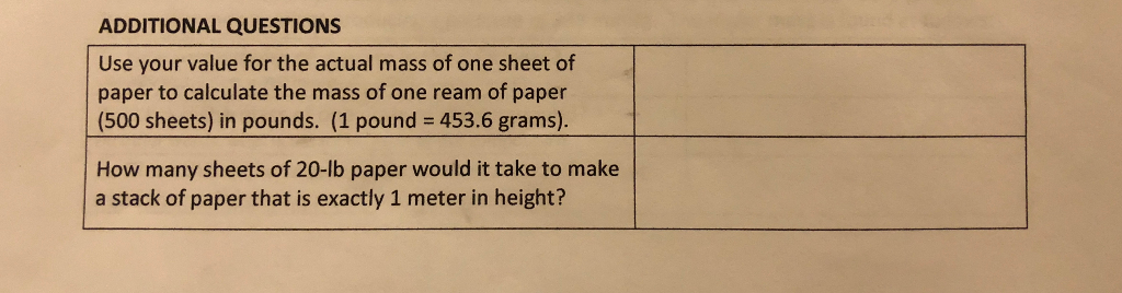 Solved Value for the actual mass of 1 sheet of paper for | Chegg.com