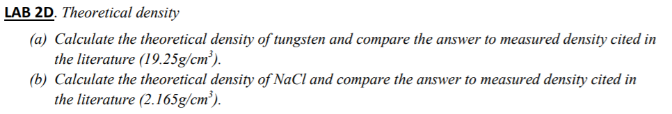 Solved LAB 2D. Theoretical density (a) Calculate the | Chegg.com