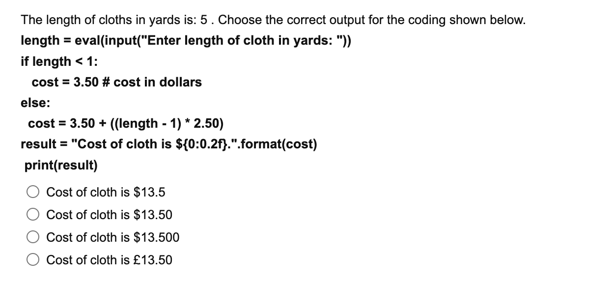 Solved Choose the correct output for the coding below: \\[ | Chegg.com