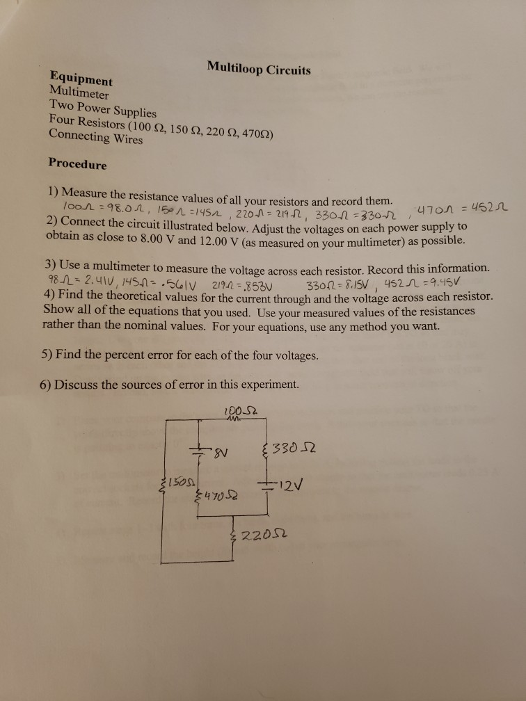 Solved Multiloop Circuits Equipment Multimeter Two Power | Chegg.com