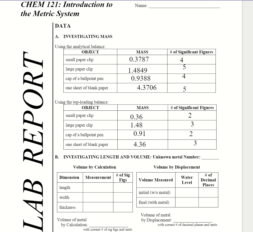 Name: CHEM 121: Introduction to the Metric System | Chegg.com