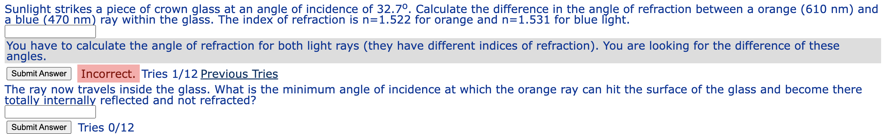 Solved Sunlight strikes a piece of crown glass at an angle | Chegg.com