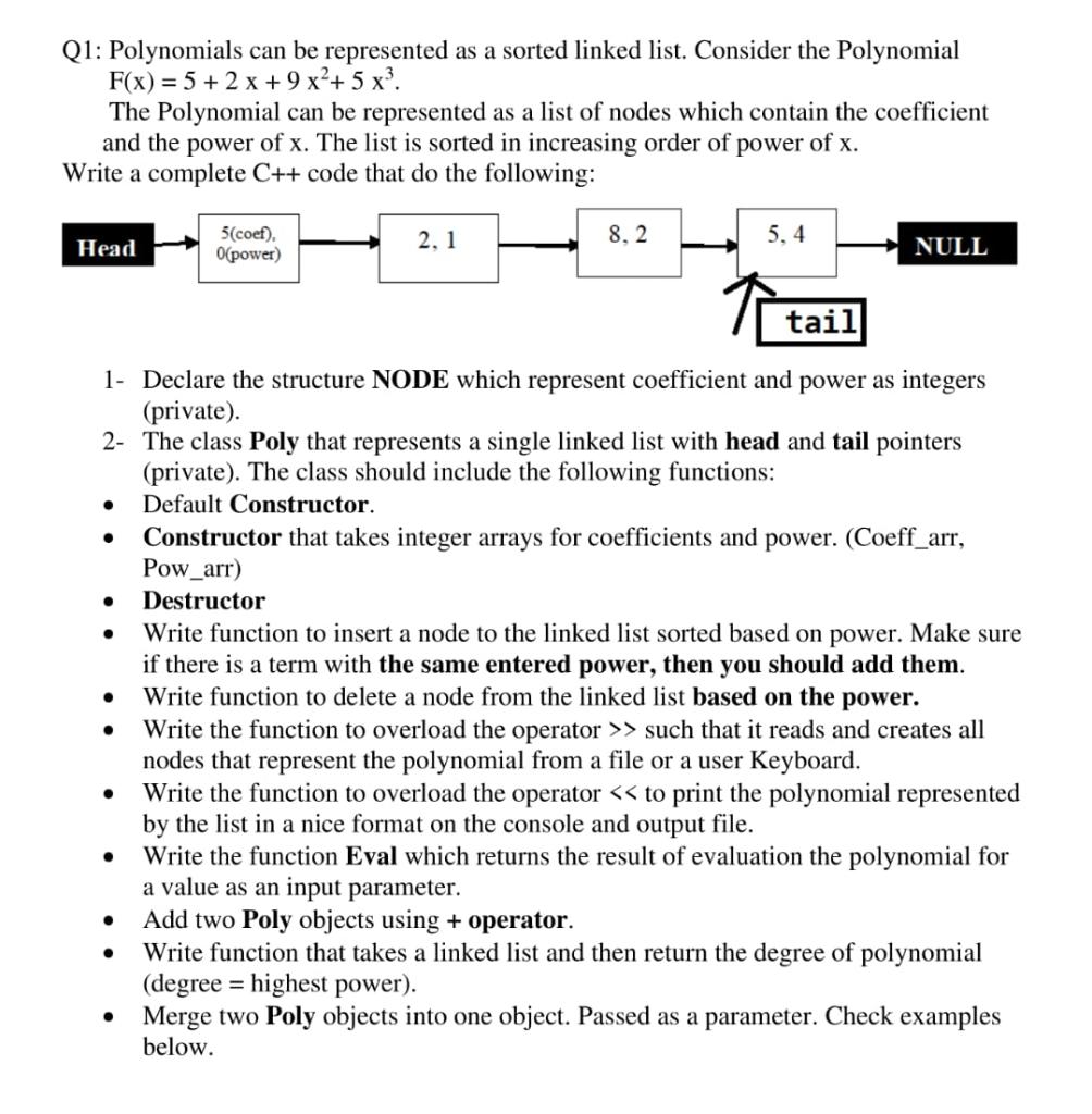 Q1: Polynomials can be represented as a sorted linked | Chegg.com