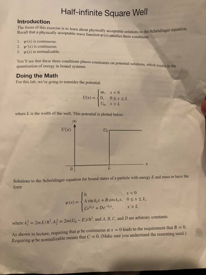 Solved Half-infinite Square Well Introduction The focus of | Chegg.com