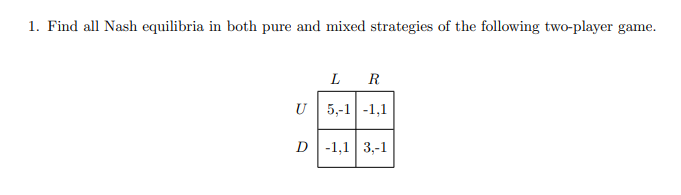 Solved 1. Find all Nash equilibria in both pure and mixed | Chegg.com