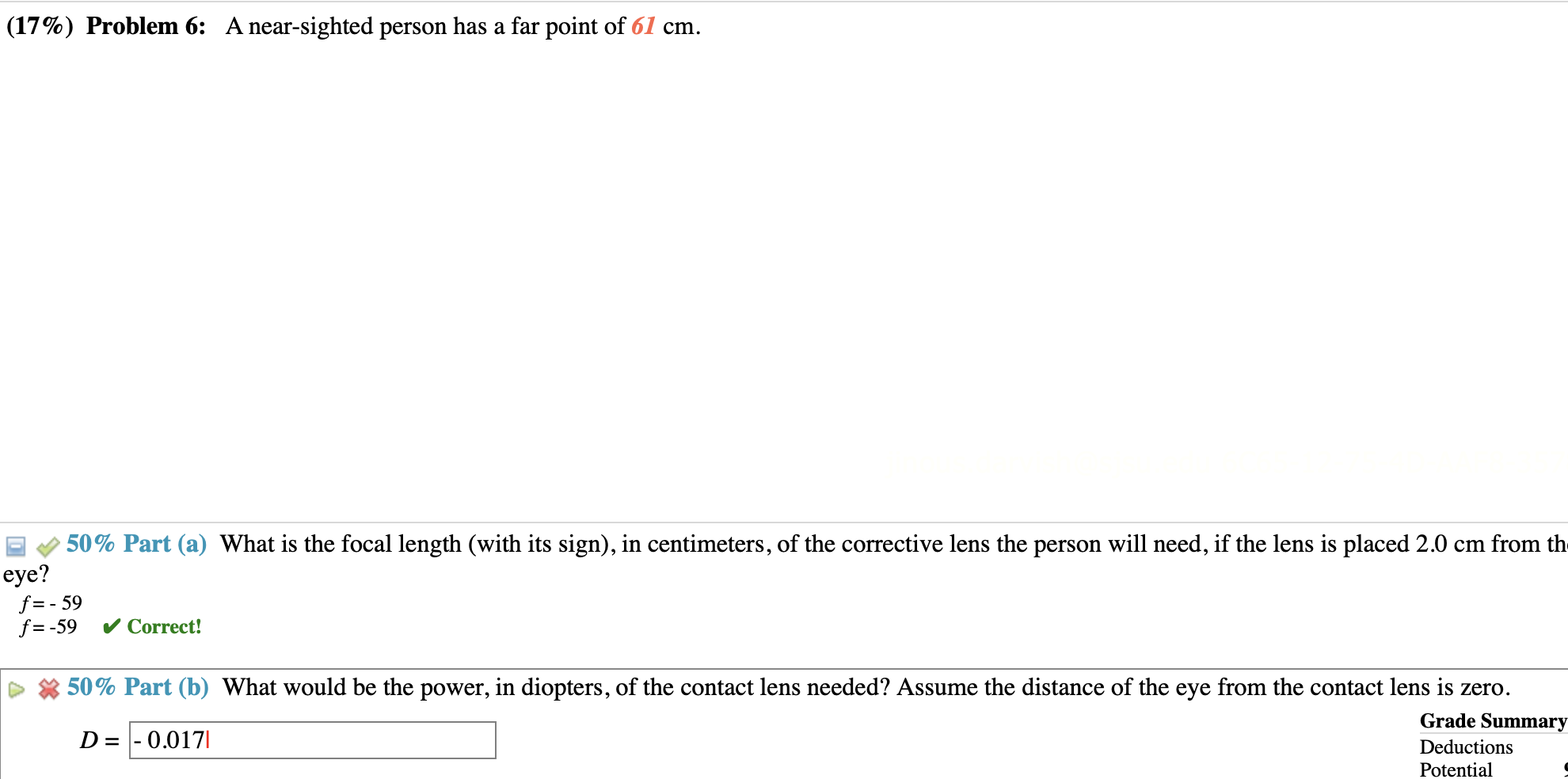 Solved (17\%) Problem 6: A near-sighted person has a far | Chegg.com