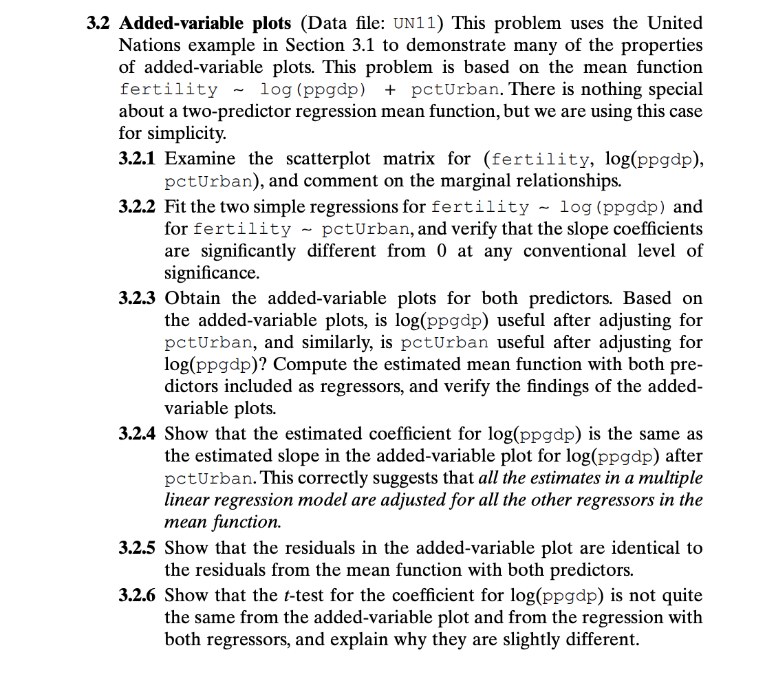 Solved 3.2 ﻿Added-variable plots (Data file: UN11) ﻿This | Chegg.com