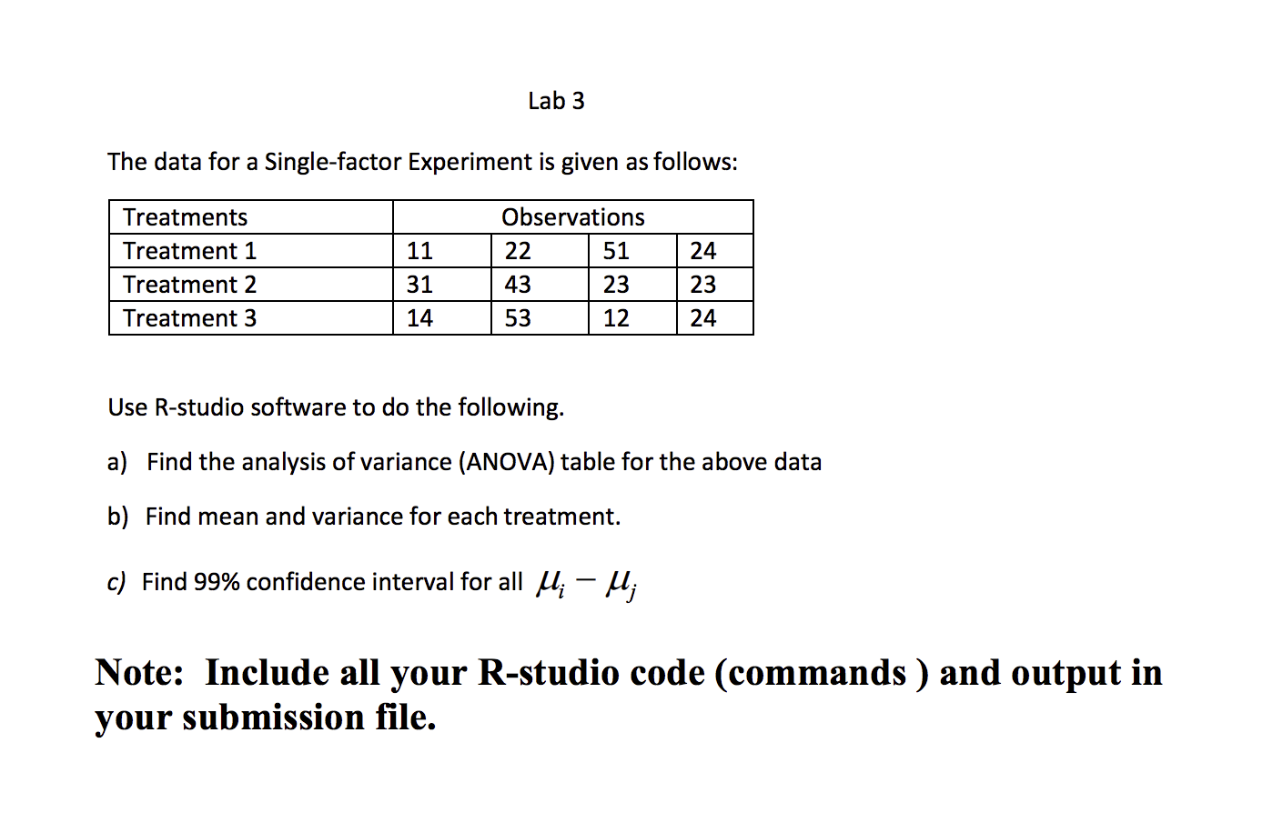 Solved Lab 3 The data for a Single-factor Experiment is | Chegg.com