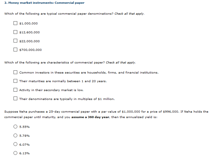 Solved 2. Money market instruments: Commercial paper Which | Chegg.com