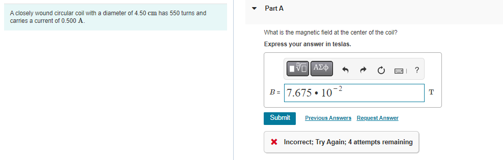 Solved A closely wound circular coil with a diameter of 4.50 | Chegg.com