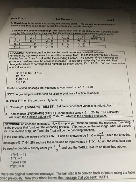 Solved Math 1314 Lab Module 3 page 3 5. Cryptology is the | Chegg.com