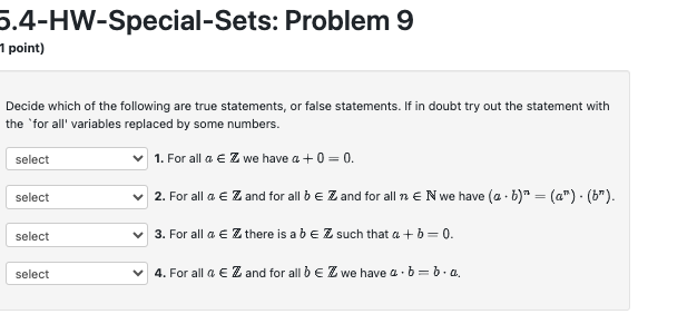 Solved 5.4-HW-Special-Sets: Problem 9 1 point) Decide which | Chegg.com