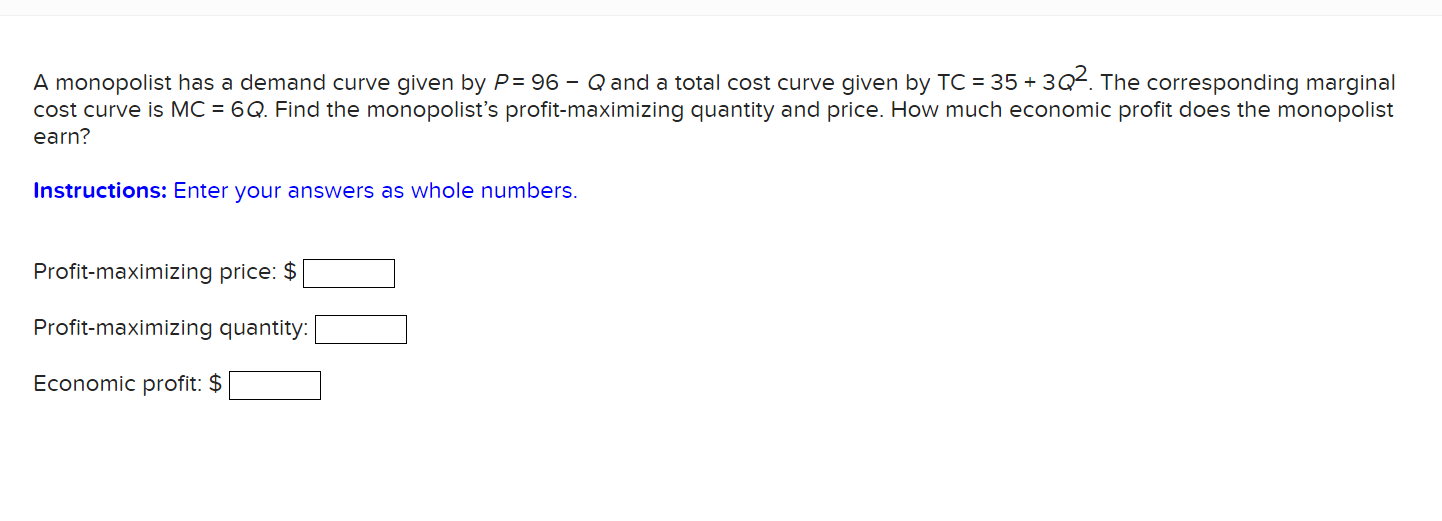 Solved A monopolist has a demand curve given by P= 96 - Q | Chegg.com