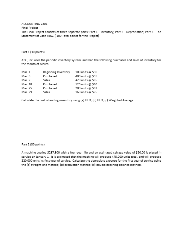 Solved ACCOUNTING 2301 Final Project The Final Project | Chegg.com