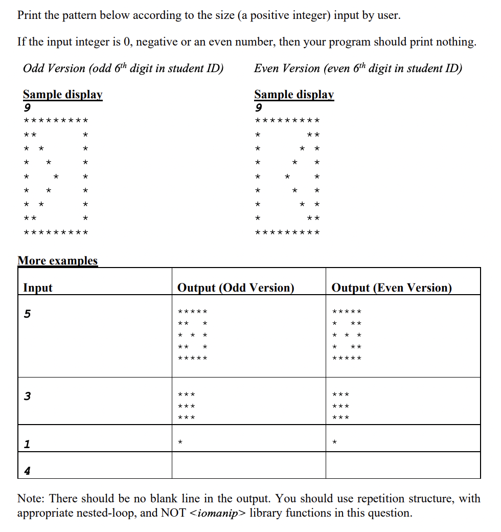 Solved Print the pattern below according to the size (a | Chegg.com