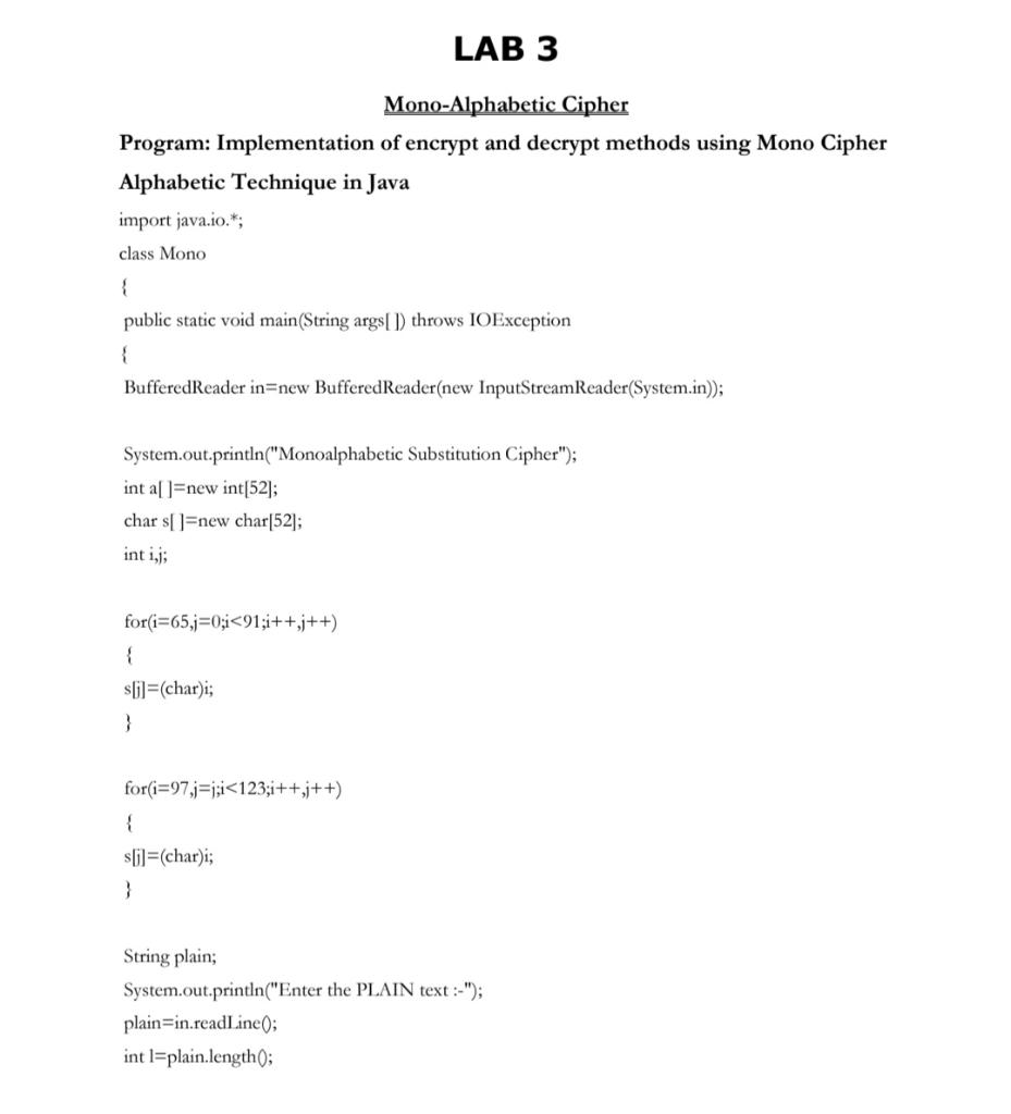 Solved Lab 3 Mono Alphabetic Cipher Program Implementation 9821