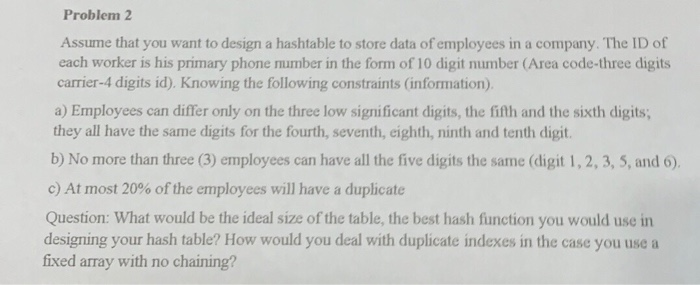 Solved Problem 2 Assume that you want to design a hashtable | Chegg.com