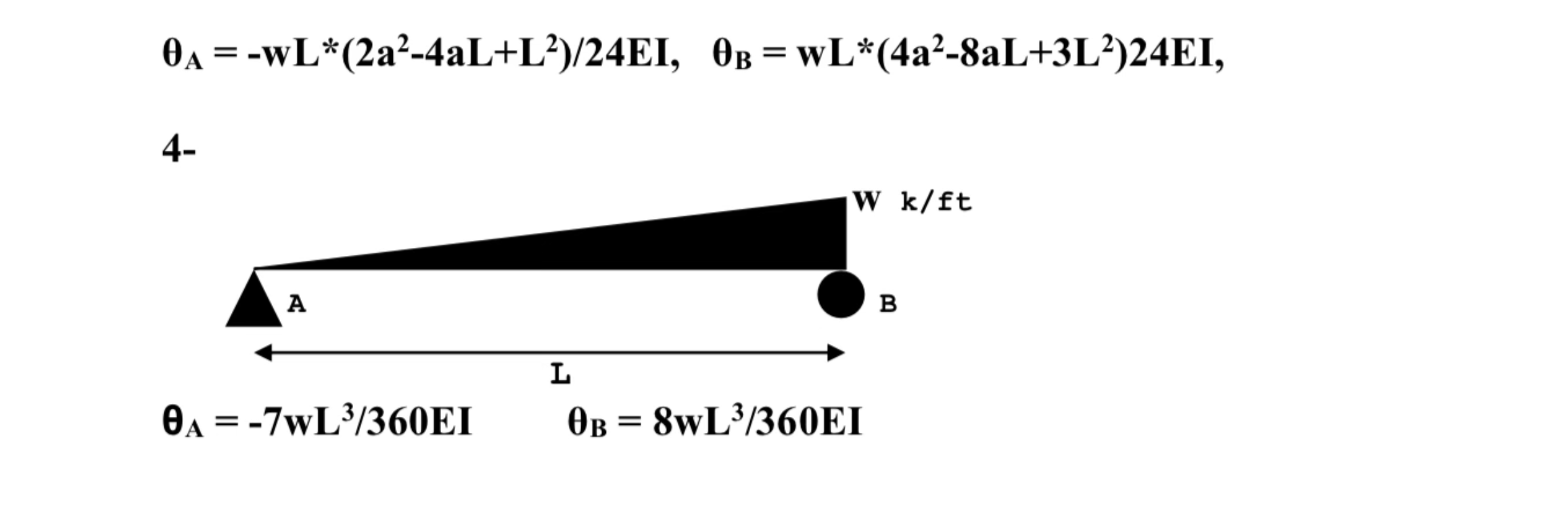 Solved θA=−wL∗(2a2−4aL+L2)/24EI,θB=wL∗(4a2−8aL+3L2)24EI, | Chegg.com