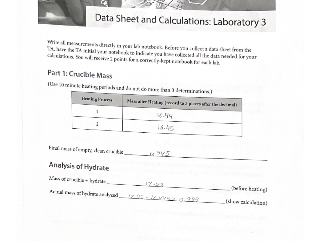 Solved CH Data Sheet and Calculations: Laboratory 3 Write | Chegg.com