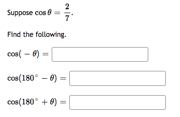 Solved Suppose cosθ=72. Find the following. cos(−θ)= | Chegg.com