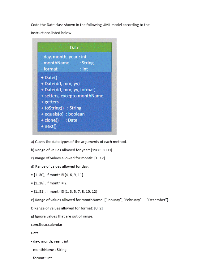 Code the Date class shown in the following UML model | Chegg.com