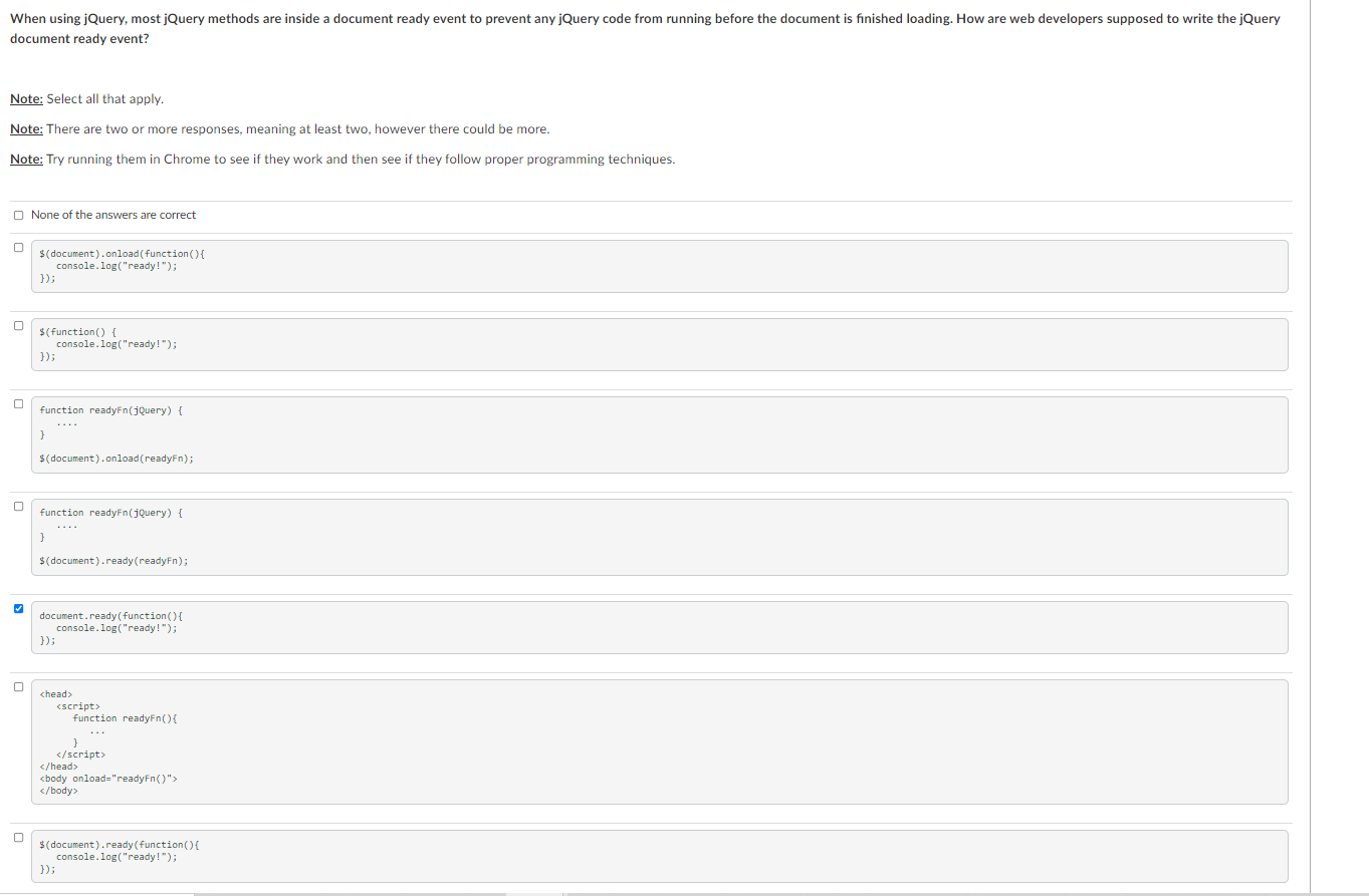 Solved When using jQuery, most jQuery methods are inside a | Chegg.com