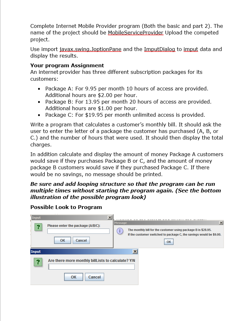 Solved Complete Internet Mobile Provider program (Both the | Chegg.com