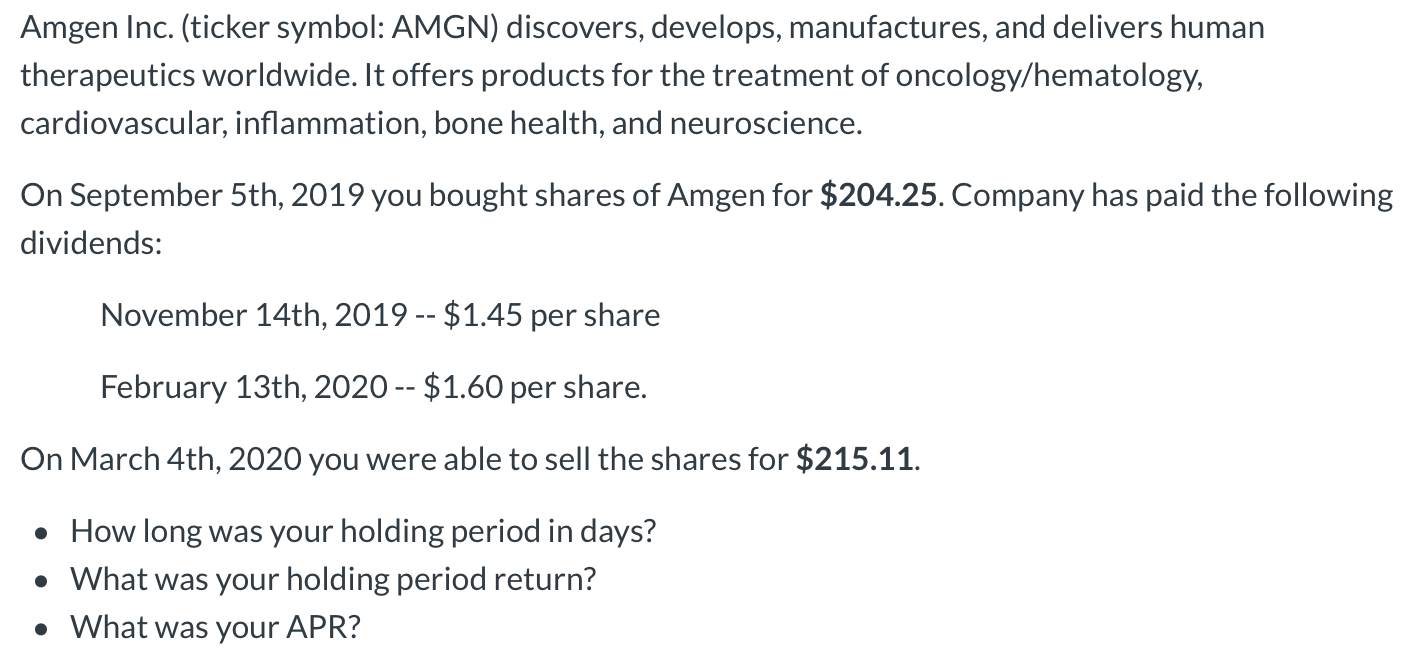Solved Amgen Inc. (ticker symbol: AMGN) discovers, develops, | Chegg.com