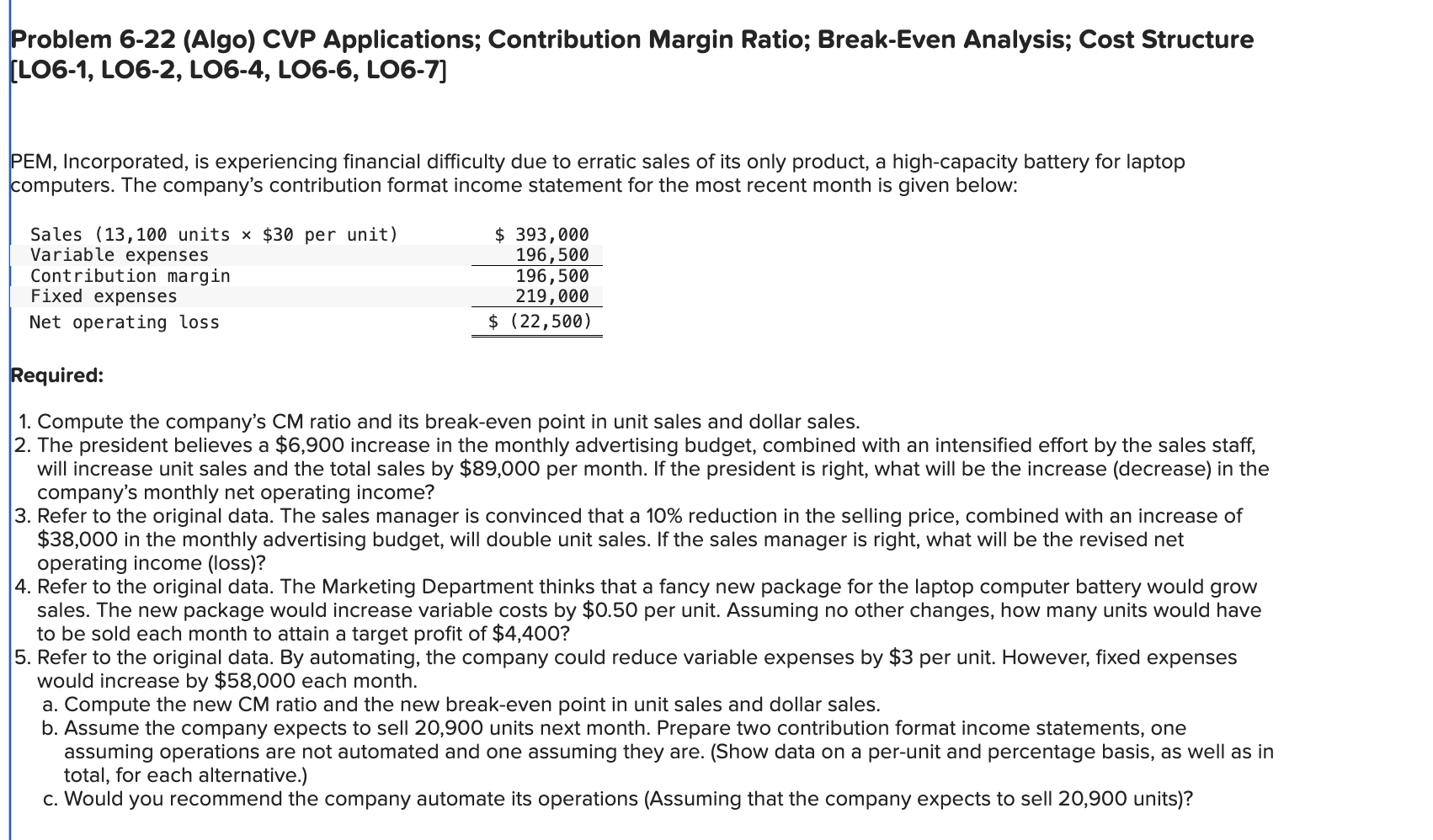 Solved Problem 6-22 (Algo) ﻿CVP Applications; Contribution | Chegg.com