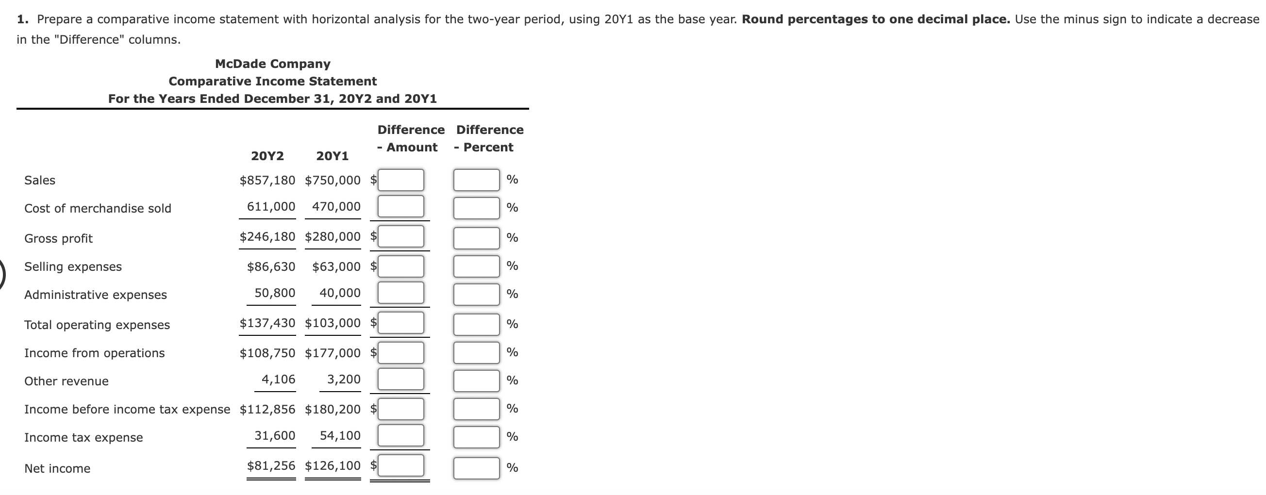 Solved Horizontal Analysis of Income Statement For 20Y2, | Chegg.com