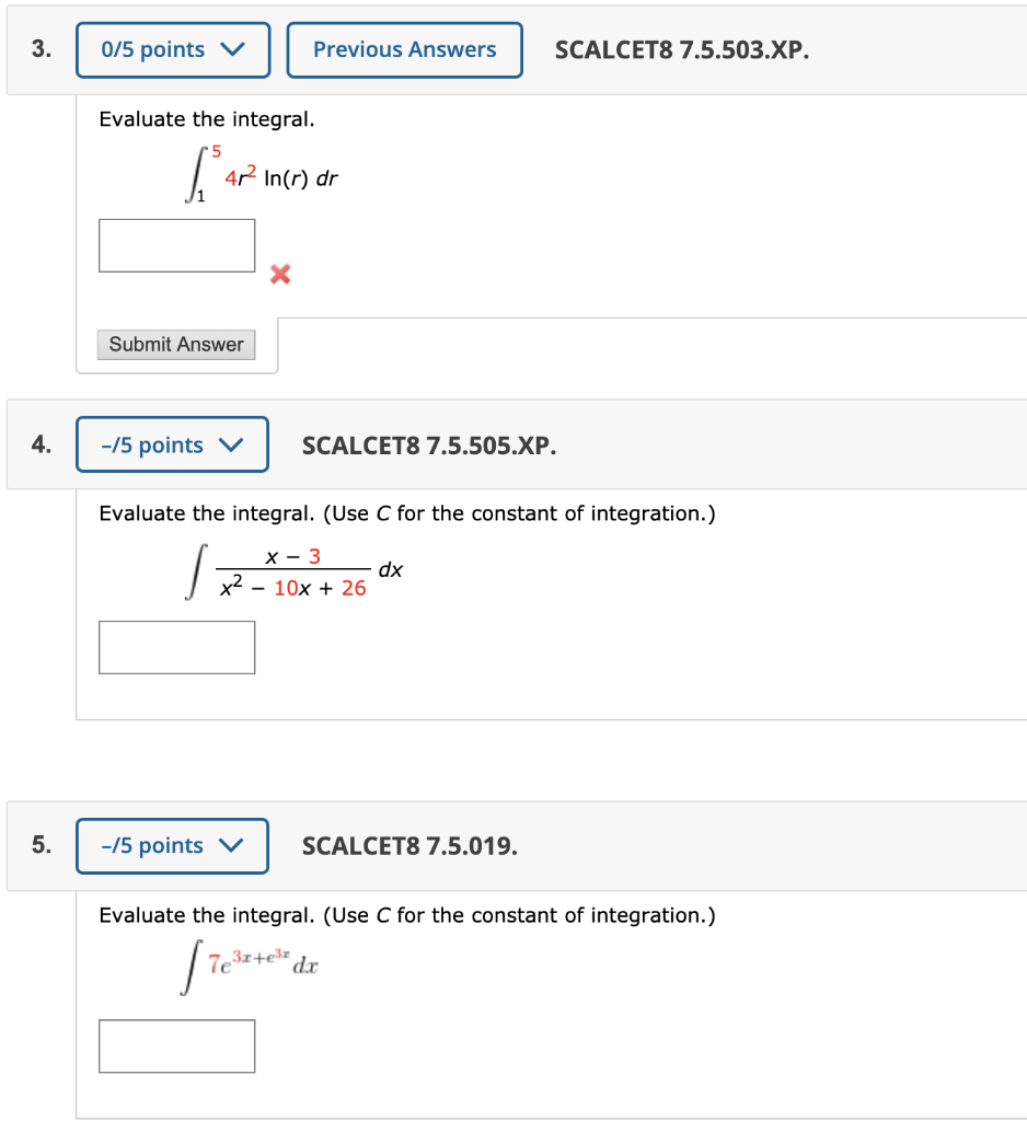 Solved 0/5 points v Previous Answers SCALCET8 7.5.503.XP. | Chegg.com