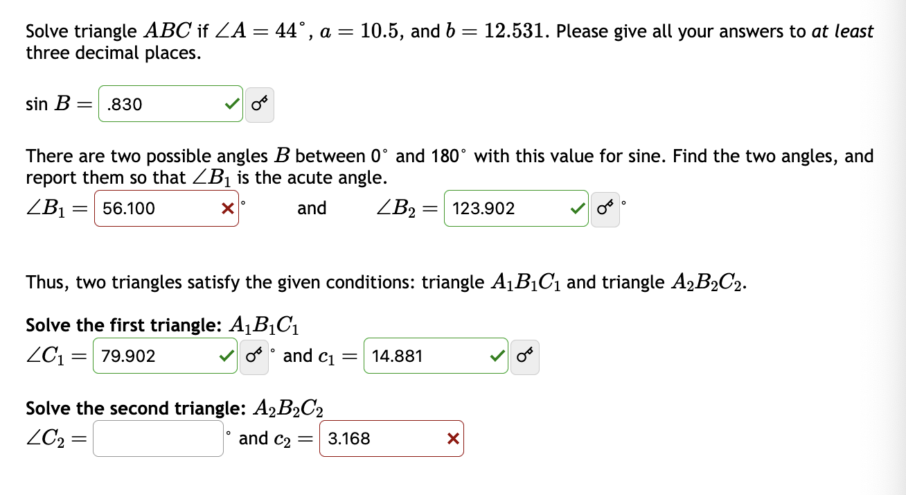 Solved Solve triangle ABC if ∠A=44∘,a=10.5, and b=12.531. | Chegg.com