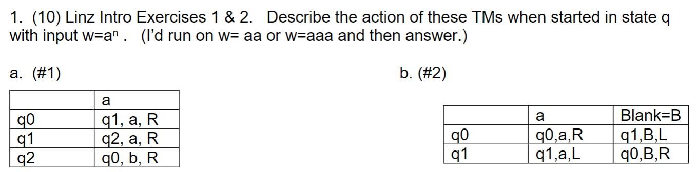 Solved 1. (10) Linz Intro Exercises 1&2. Describe the action | Chegg.com